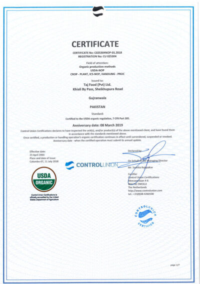 Certifications | FSSC, IFS, NOP, EU Organic | Taj Food